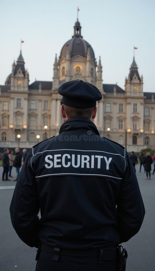 Back View of Security Guard in Uniform Patrolling an Event Area in ...
