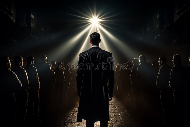 Back View of Selected Businessman Wearing Cloak Standing Under Bright ...