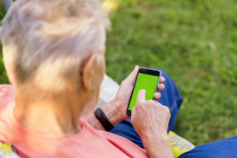Back View of Senior Old Man Hands Scrolling on the Phone with Chroma ...