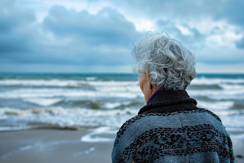 Back View of Senior Woman at Stormy Beach Stock Illustration ...