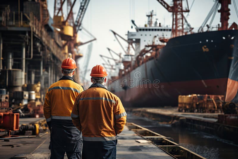 Back View of Shipyard Workers with a Majestic Ship Under Construction ...