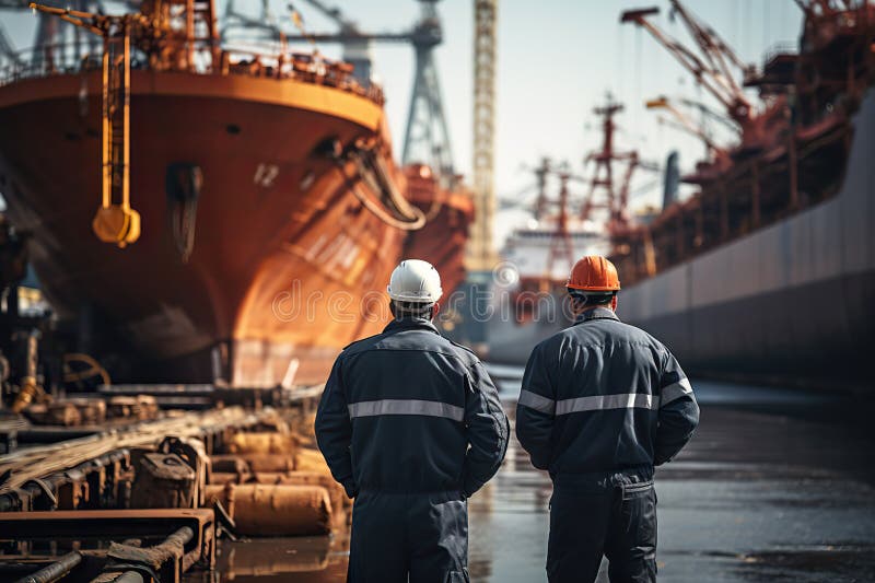 Back View of Shipyard Workers with a Majestic Ship Under Construction ...