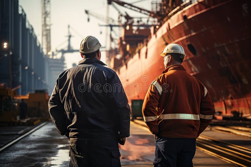 Back View of Shipyard Workers with a Majestic Ship Under Construction ...
