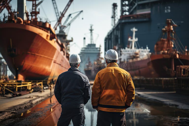 Back View of Shipyard Workers with a Majestic Ship Under Construction ...