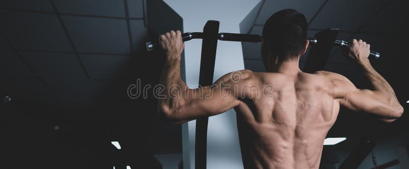 Back View of Shirtless Man with Pull-ups in Gym. Stock Image - Image of ...