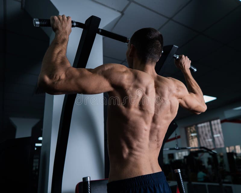 Back View of Shirtless Man with Pull-ups in Gym. Stock Image - Image of ...