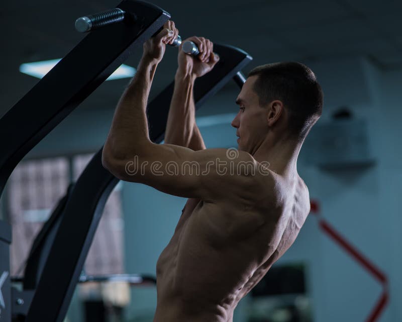 Back View of Shirtless Man with Pull-ups in Gym. Narrow Grip. Stock ...