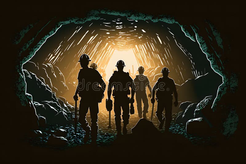 Back View of Silhouettes of Male Workers in Dark Coal Mine. AI ...