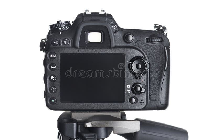Back View SLR Camera on Tripod Isolated White Stock Image - Image of ...
