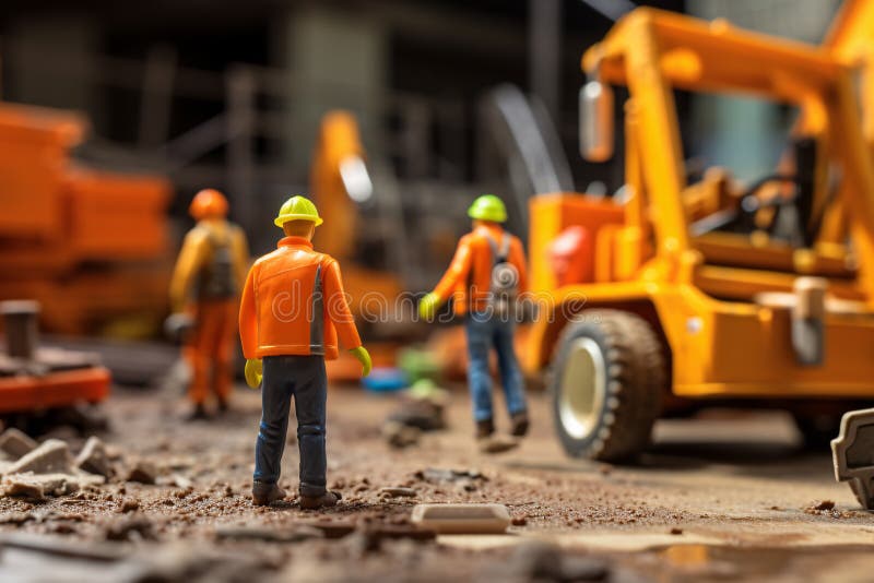 Back View of Small Construction Worker Figurines at Construction Site ...