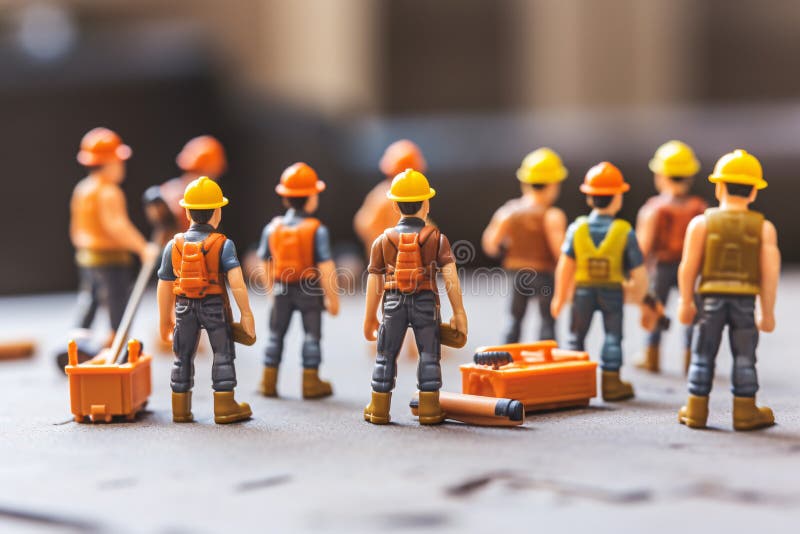 Small Construction Worker Toy Figurines with Safety Helmets Stock ...