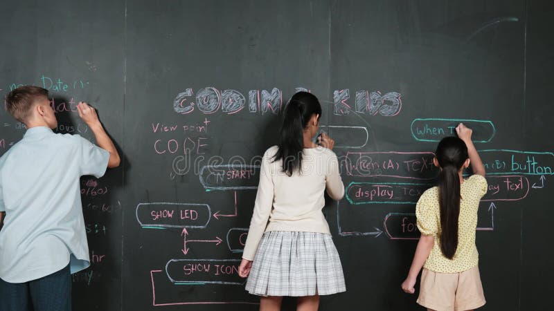 Back View of Smart Diverse Student Drawing Mind Map on Blackboard ...