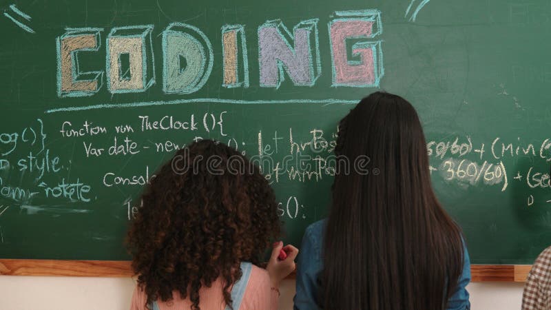 Back View of Smart Student Writing Coding Engineering Prompt at Board. Pedagogy. Stock Image ...