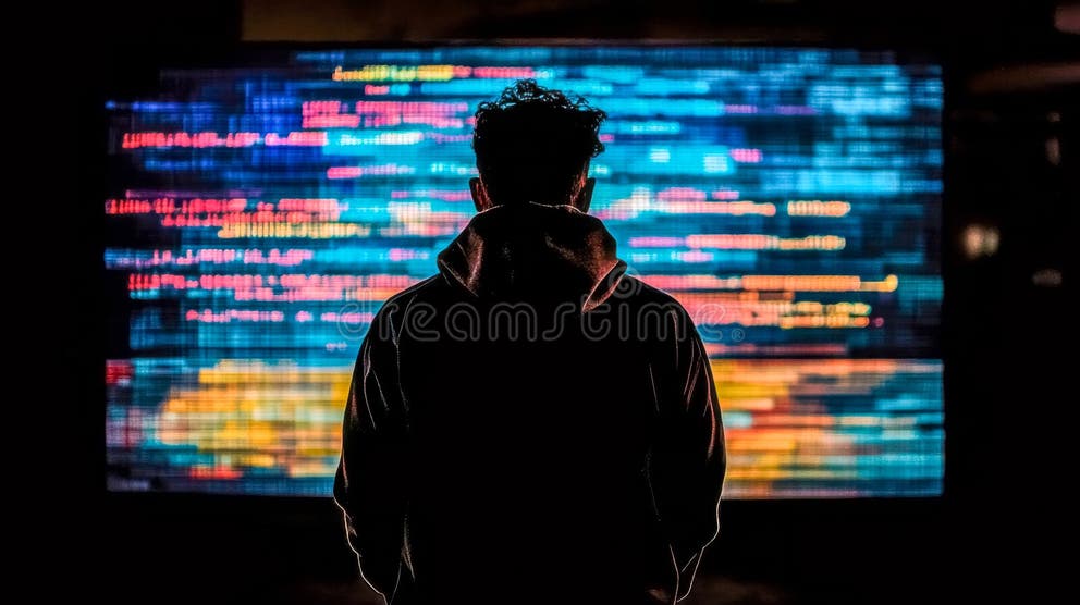 Programmer Reading Code on Large Screen in Dark Room Stock Photo ...
