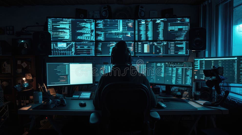 Back View of Software Developer Coding Program or Engineering Prompt ...