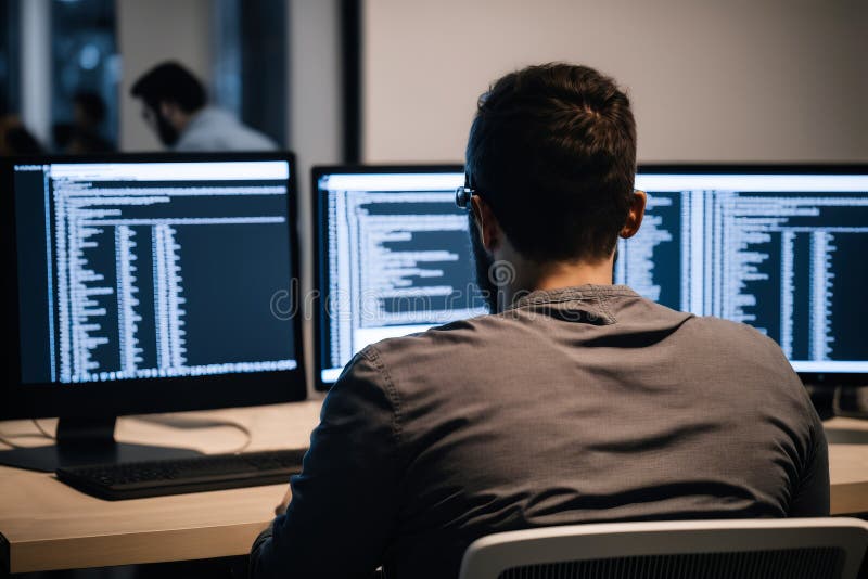 Back View Of Software Developer Coding Scripts For Cybersecurity
