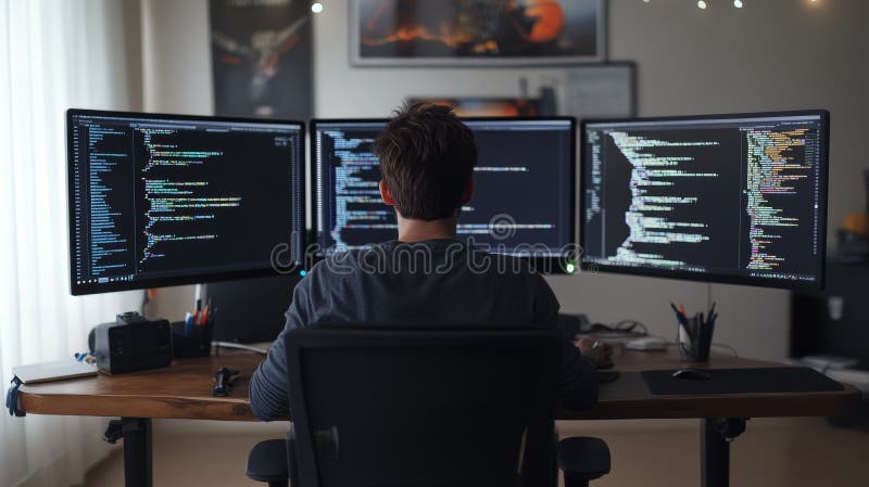 Back View Of Software Engineer Programming On Multiple Screens At A