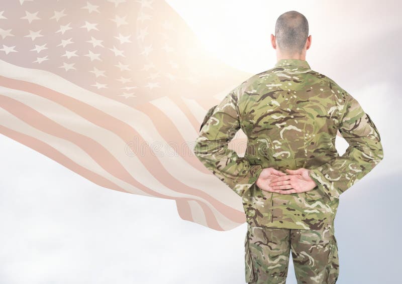 Soldier in Front of Building with Usa Flag Behind/ Saluting Stock Image ...