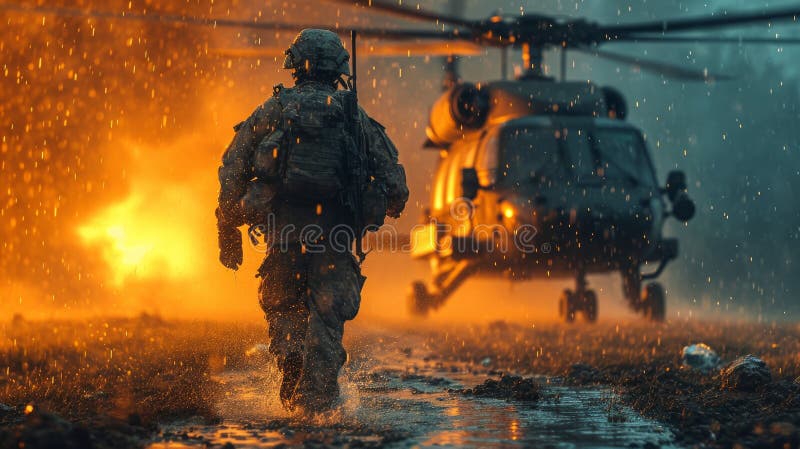 Back View of a Soldier Running To the Helicopter during Rain Stock ...