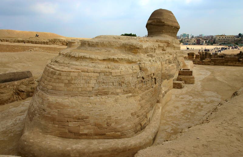 Back View of the Sphinx Next To Pyramids, Egypt Stock Photo - Image of ...