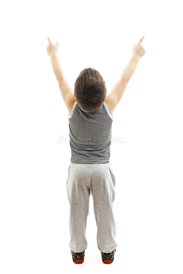Back View of Sporty Little Boy Points at Wall. Stock Image - Image of ...