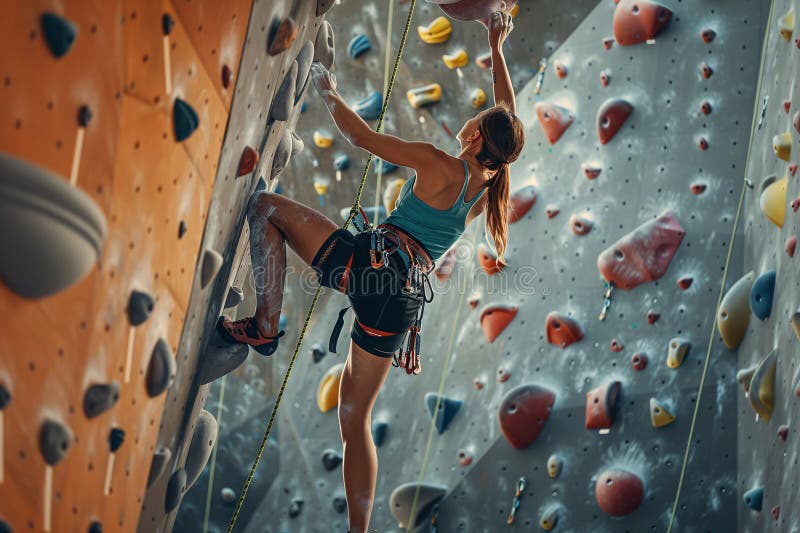 Sporty Woman Doing Bouldering on Climbing Wall Stock Illustration ...