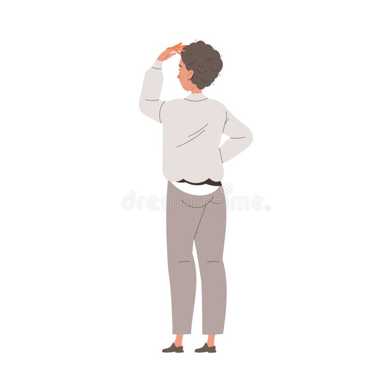 Back View of Standing Man Scratching Head Looking at Something Vector ...