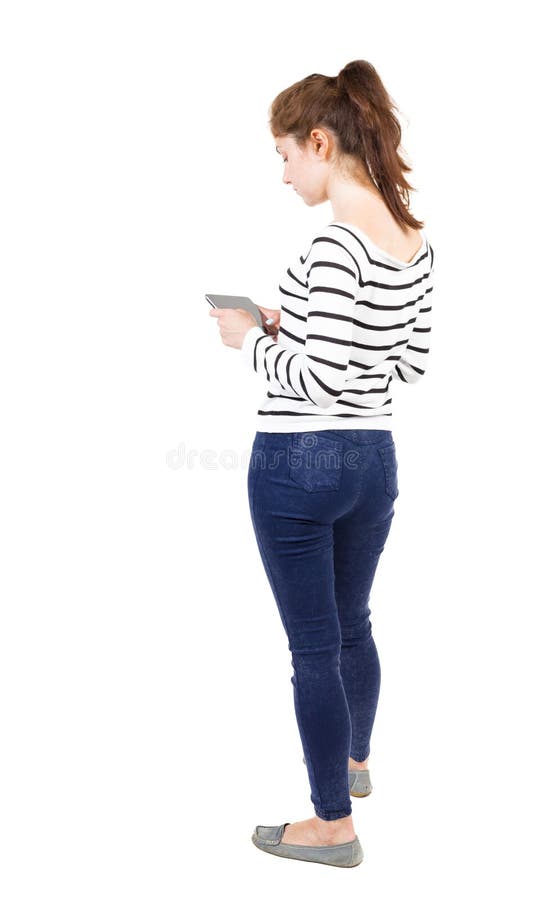 Back View of Standing Young Beautiful Girl with Tablet Computer Stock ...