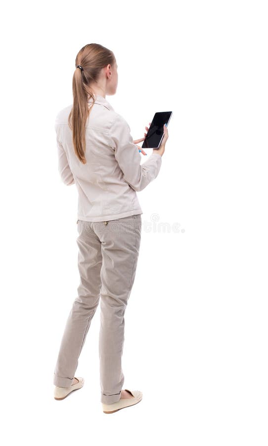 Back View of Standing Young Beautiful Girl with Tablet Computer Stock ...