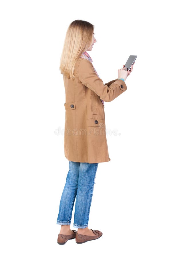 Back View of Standing Young Beautiful Girl with Tablet Computer Stock ...
