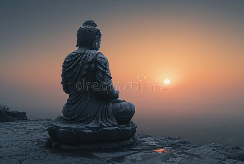 Back View of a Statue of Buddha Facing at Sunset Stock Illustration ...
