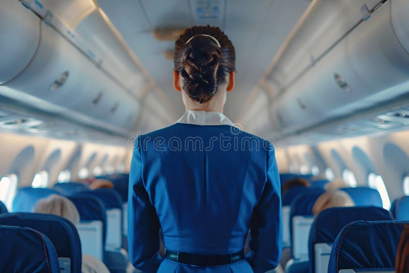 Back View of Stewardess in Blue Uniform in Airplane with Passangers ...