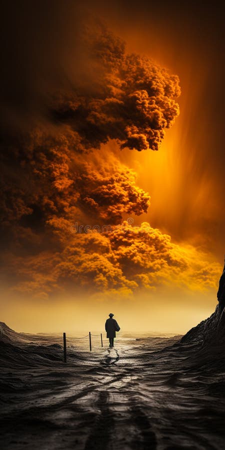 Back View of Strange Person Walking in Empty Path with Orange Clouds ...