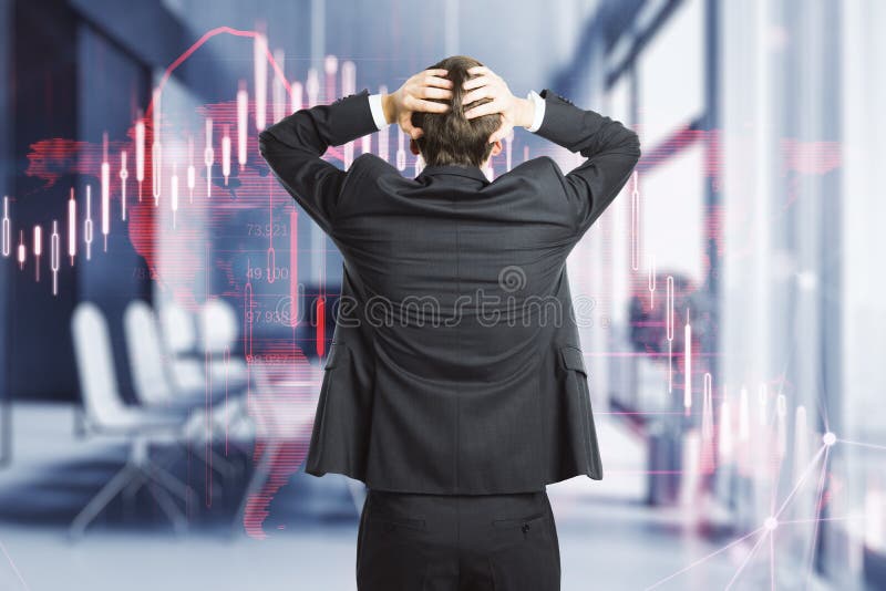 Back View of Stressed Businessman with Glowing Falling Red Forex Chart ...