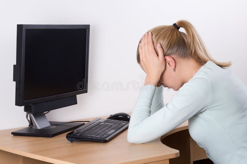 Back View of Stressed Woman with Personal Computer at Work Stock Image ...