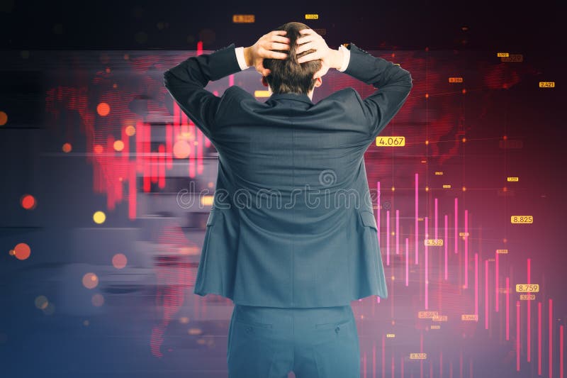 Back View of Stressed Young Businessman with Downward Red Forex Chart ...