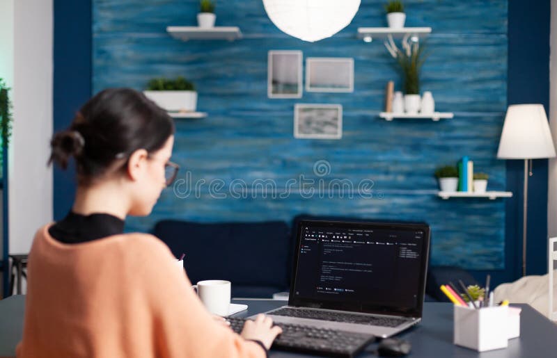 Back View of Student Developer Writing Javascript Stock Photo - Image ...