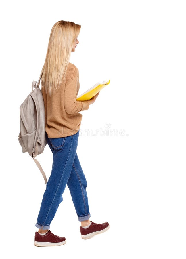 Back View of a Student Walking with a Backpack and Textbooks. Stock ...