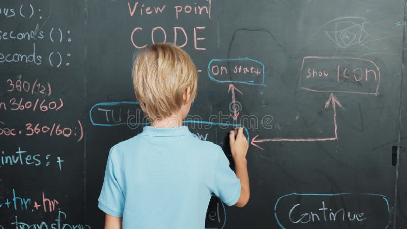 Back View of Smart Boy Writing Engineering Prompt on Blackboard ...