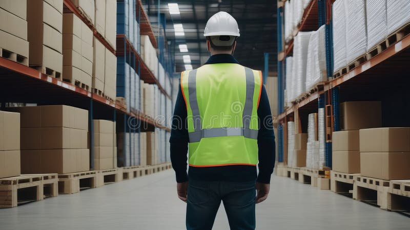 Back View of a Supervisor with a Hard Hat in a Warehouse Aisle Stock ...