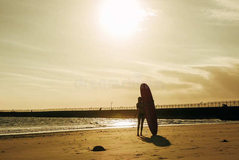 Back View of Surfer Posing with Surfboard on Beach Stock Image - Image ...