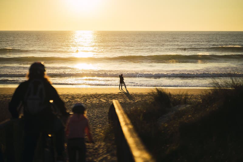 Back View of a Surfer Standing on the Sandy Beach and Enjoying the View ...