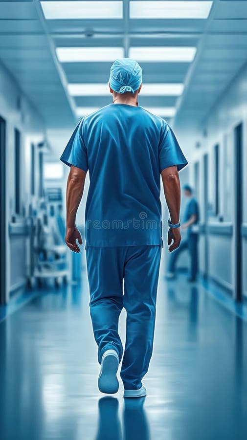 Back View of Surgeon Walking in Hospital Corridor Stock Illustration ...