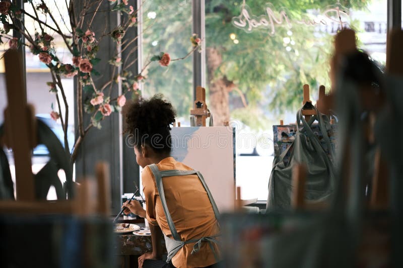 Back View of Talented Student Woman Painting on Canvas in Art Classroom ...