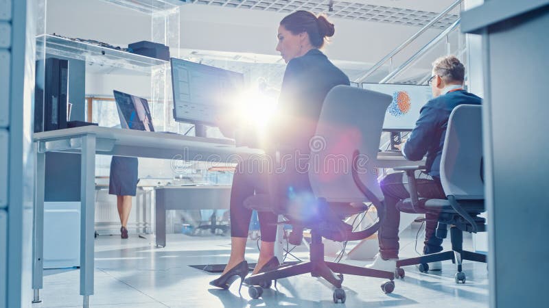 Back View of Team of Technology Engineers Working on Desktop Computers ...
