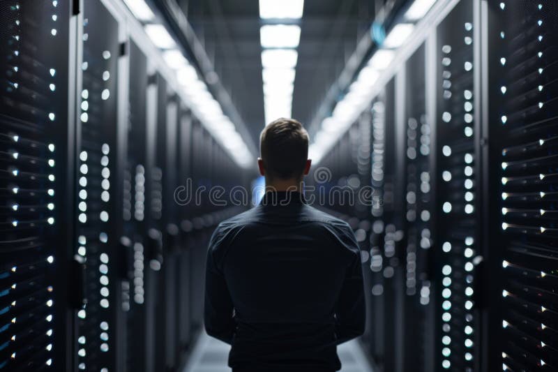 Back View of Technician in a Modern Data Center Stock Illustration ...