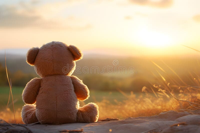 Back View of Teddy Bear Toy Sitting with Background of Mountain View at ...