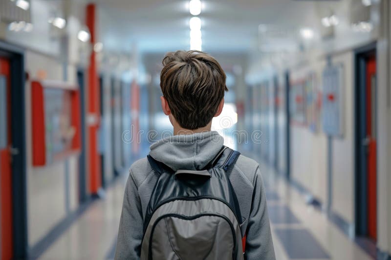 Back View of Teenage Boy Walking in Bright School Corridor Stock ...