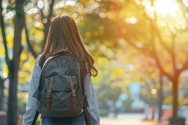 Back View of Teenage Girl with Backpack Going in Park Stock ...