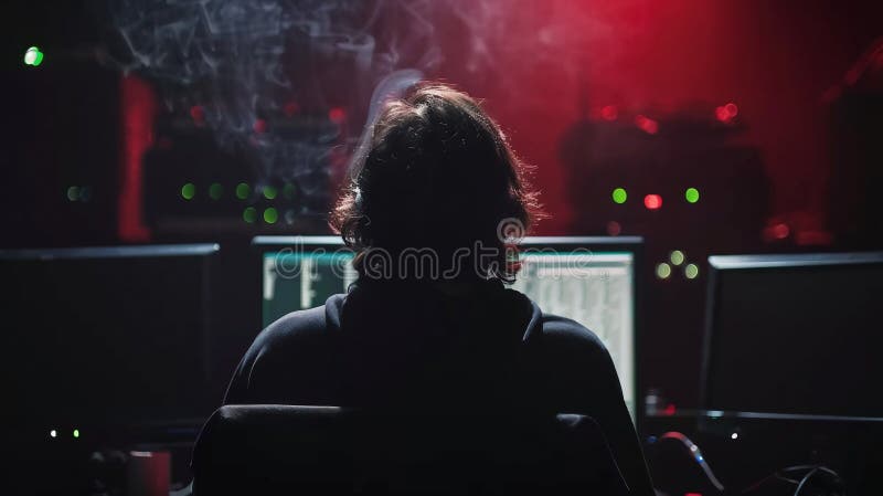Back View of Teenage Hacker Working in Computer and Infecting with ...